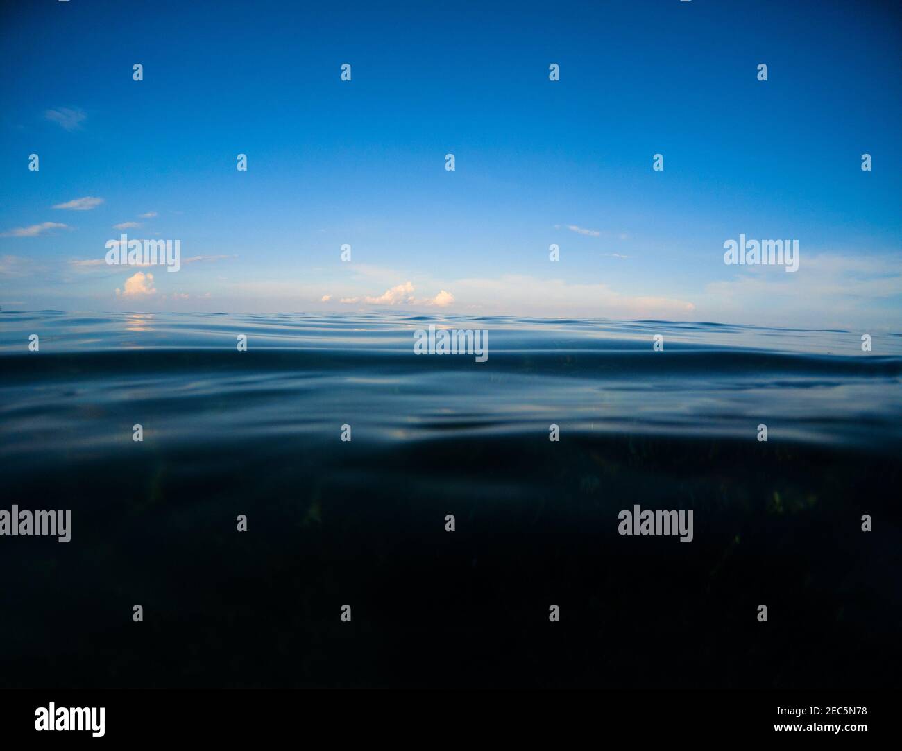 Dark sea and deep blue sky. Double landscape with sea water and sky ...