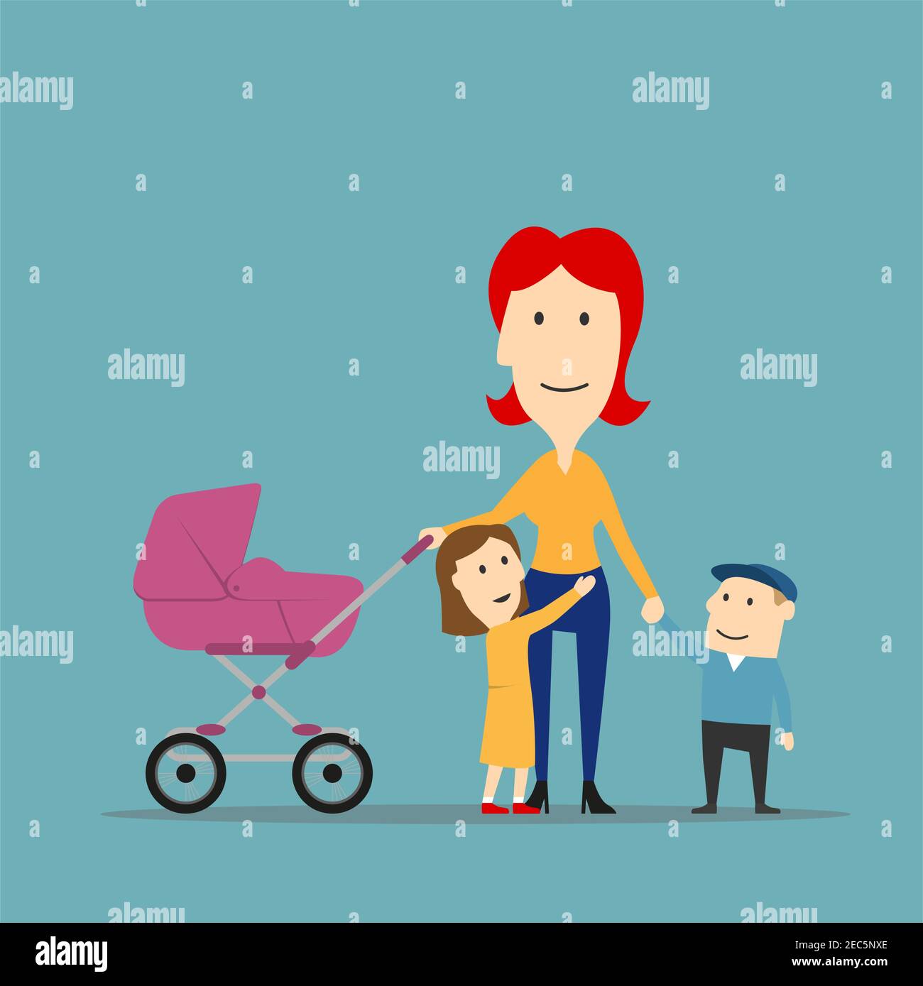 Happy family on walk. Cartoon cheerful smiling mother of three with ...