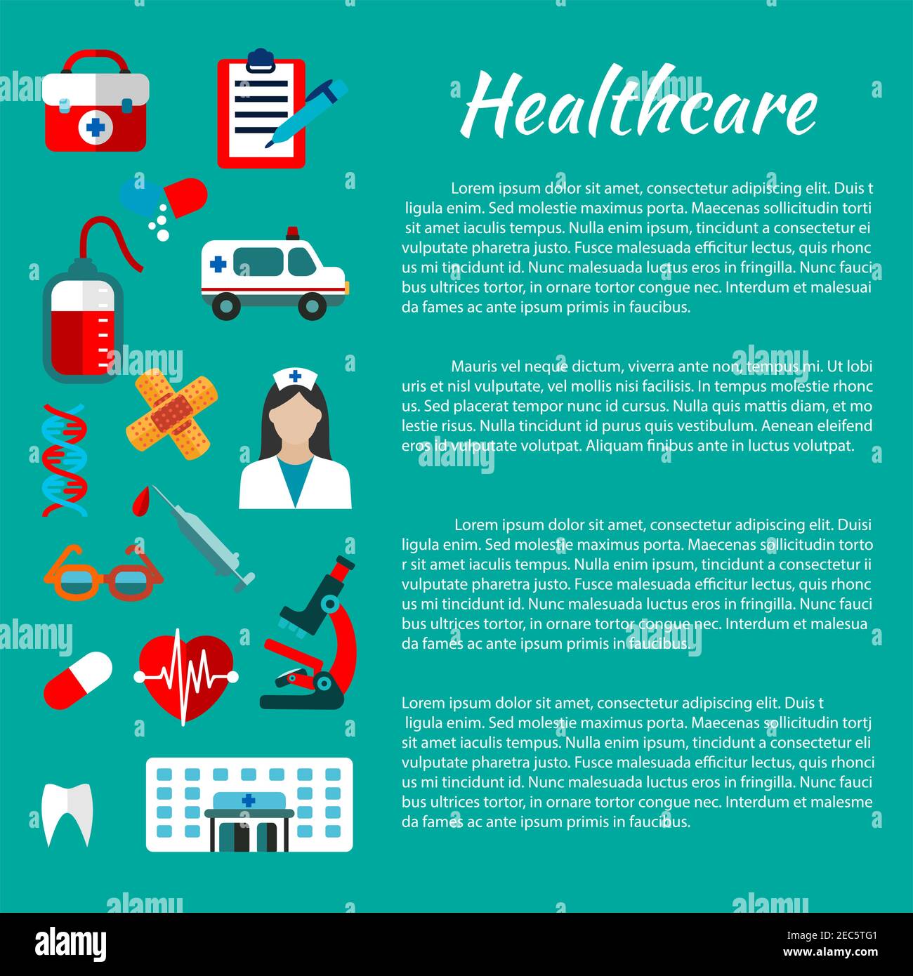 Healthcare and hospital poster design template with flat icons of ...