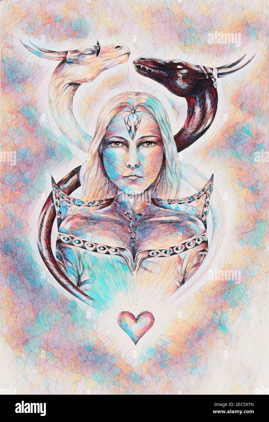 drawing of mystical young woman in historic dress with two dragon heads ...