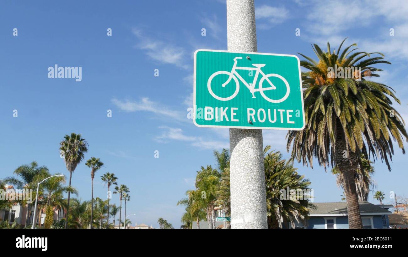 Bike Route green road sign in California, USA. Bicycle lane singpost ...