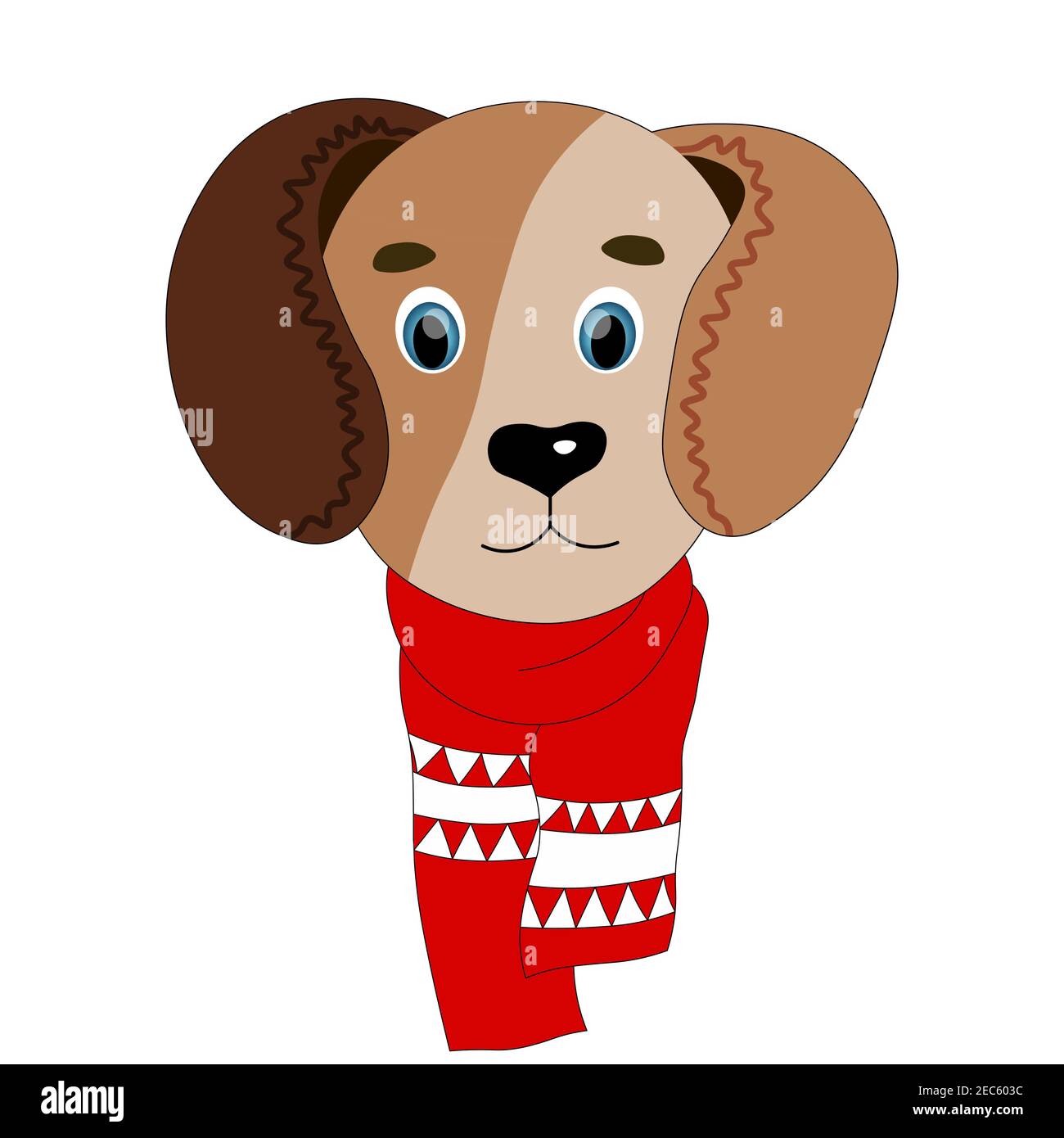 Colorful cute vector dog face in a winter scarf. One object on a white ...