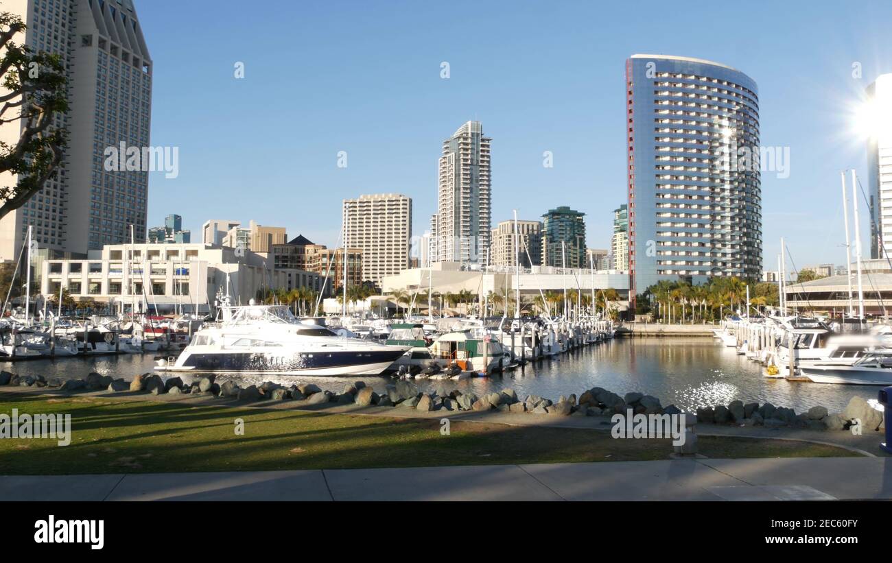 Embarcadero marina park, big coral trees near USS Midway and Convention ...