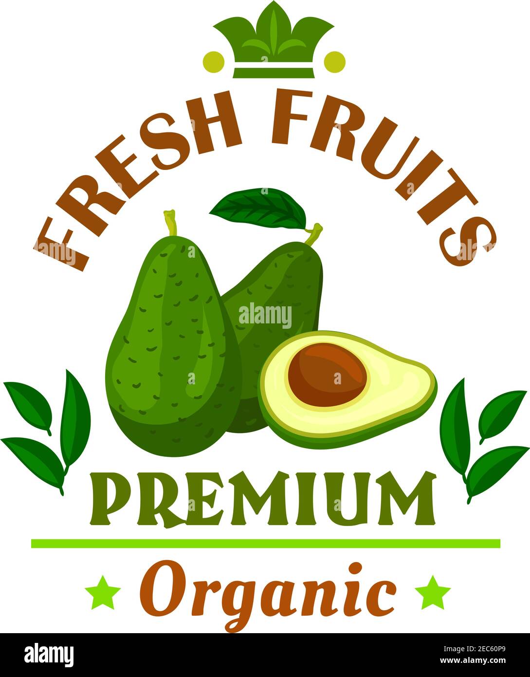 Fresh fruits poster. Green avocado vector icon. Cafe, restaurant emblem ...