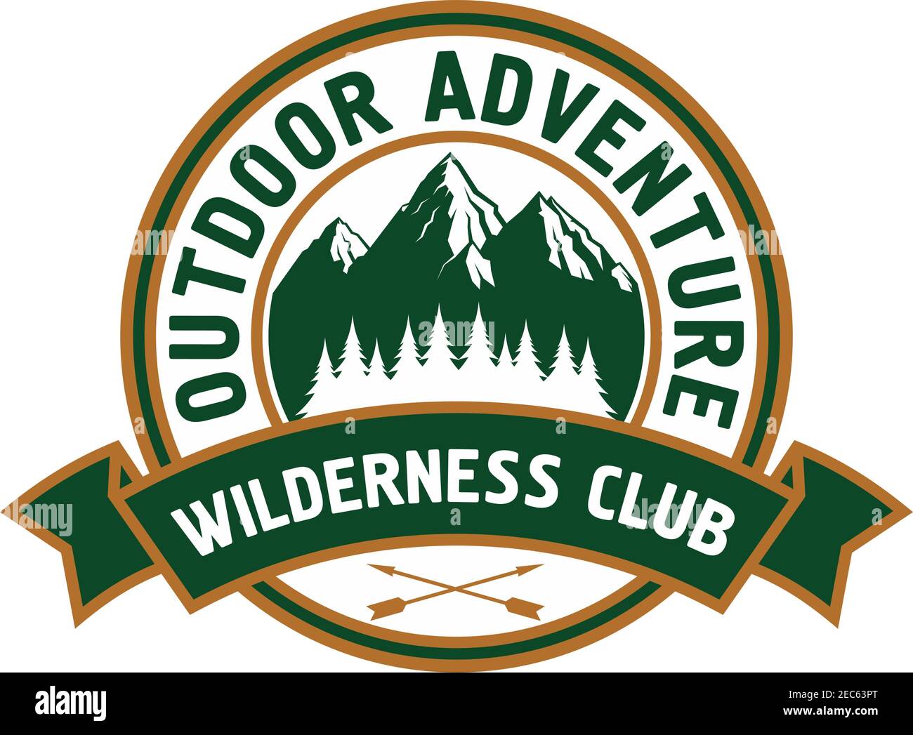 Outdoor adventure retro badge of scenic mountain landscape with forest ...