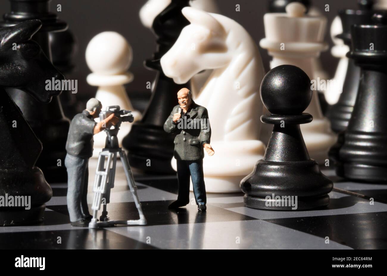 Chess news making. Filming chess game process. Miniature journalists on ...