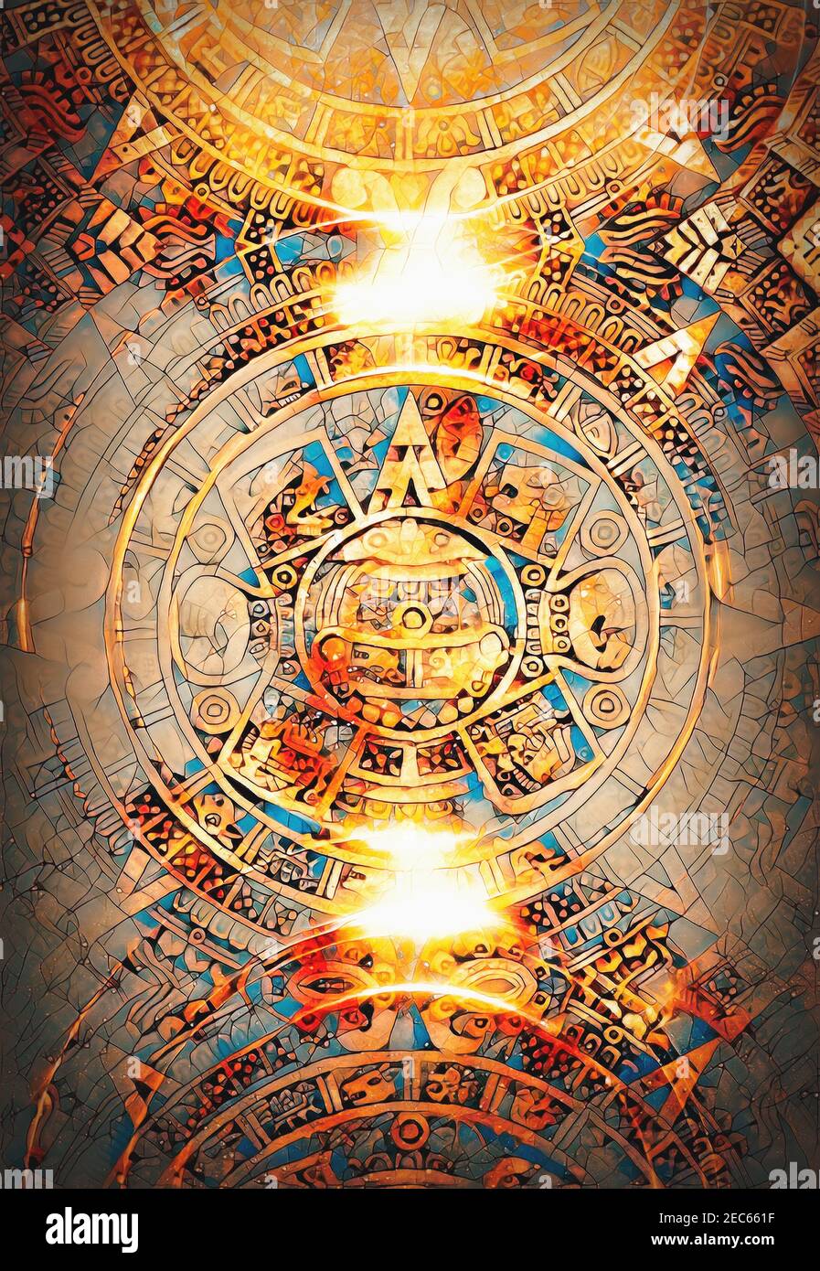 Ancient Mayan Calendar, abstract color Background, computer collage ...