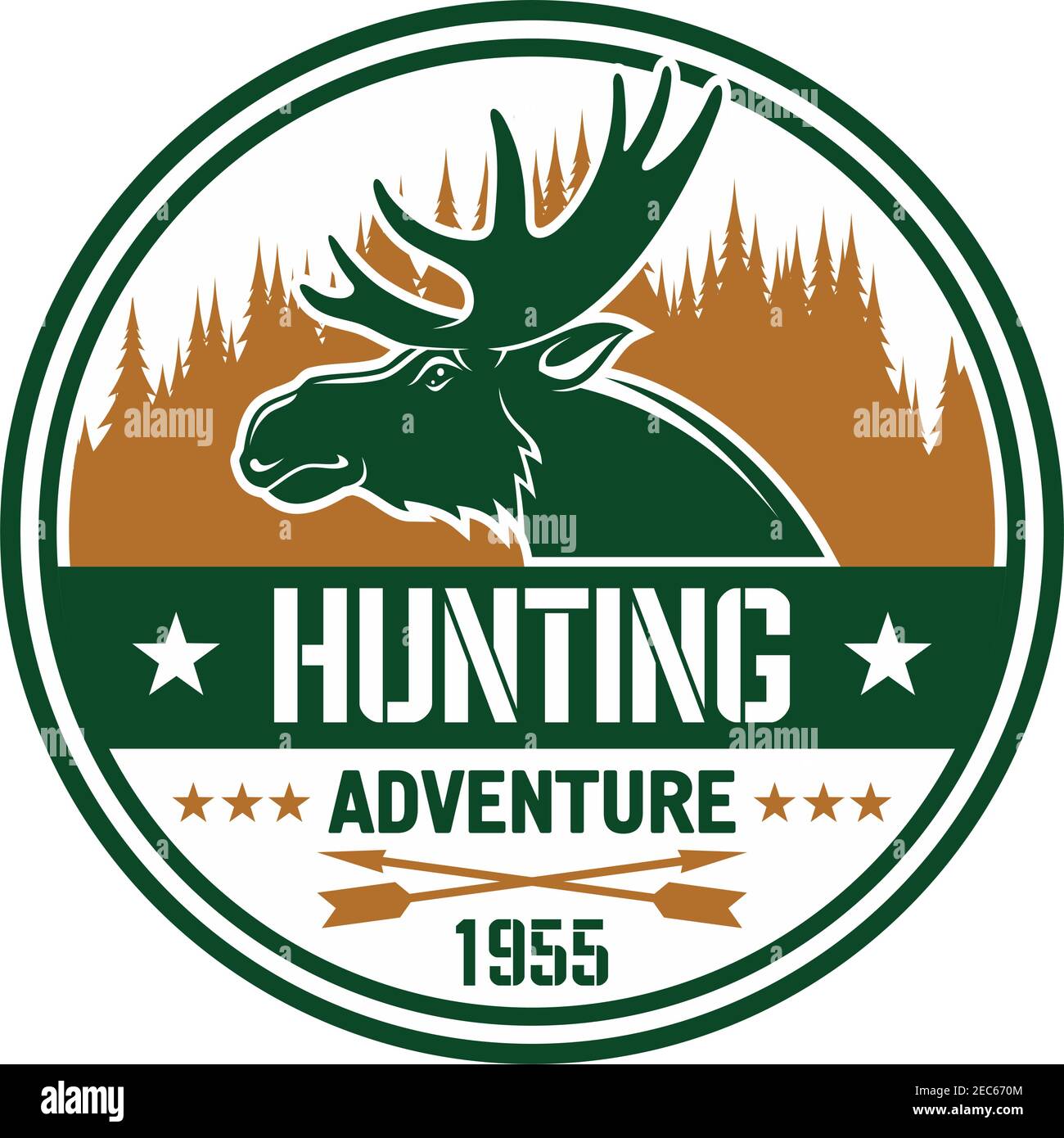 Profile of an elk with large antlers against brown silhouette of forest ...