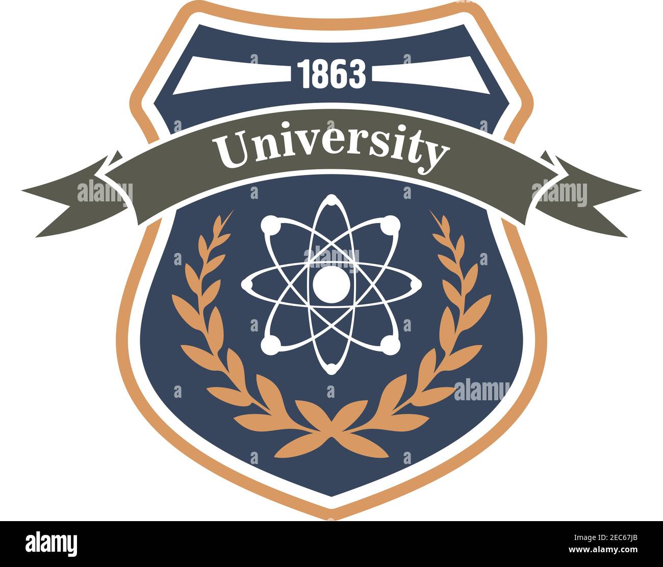 University retro sign in a shape of heraldic shield with nuclear atom ...
