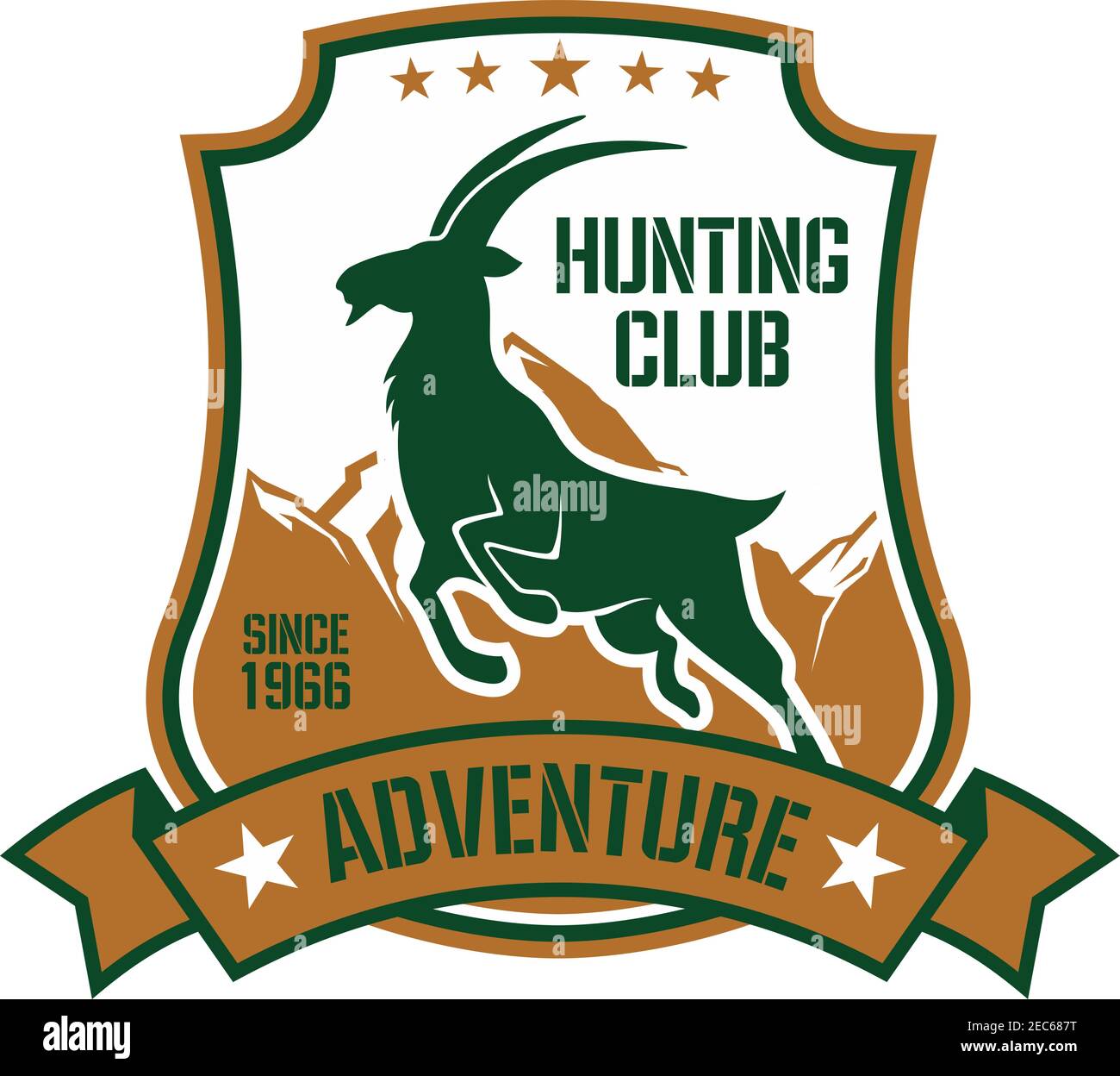 Hunting badge shield design with dark green silhouette of jumping wild ...