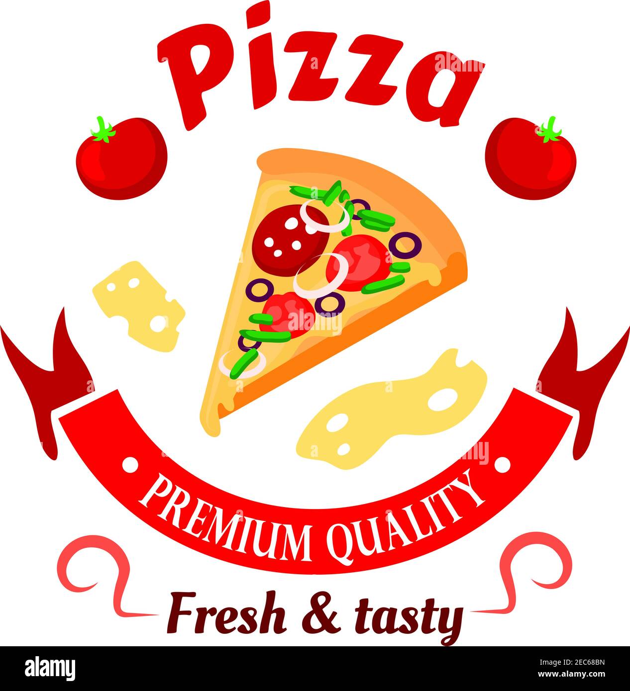 Premium italian pizza icon topped with salami, olives, tomatoes and ...