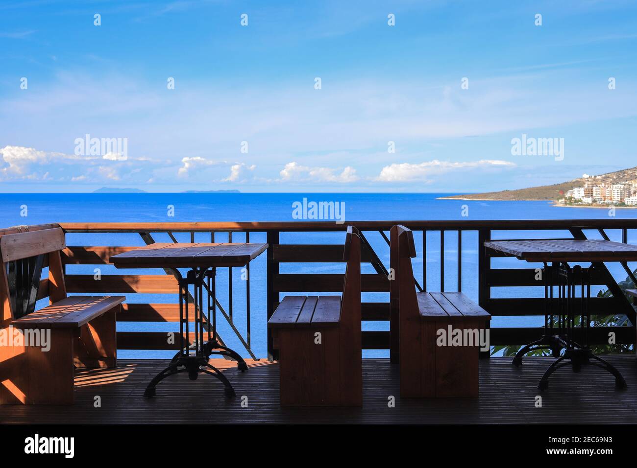 Outdoor cafe in the resort in Saranda, Albania Stock Photo - Alamy