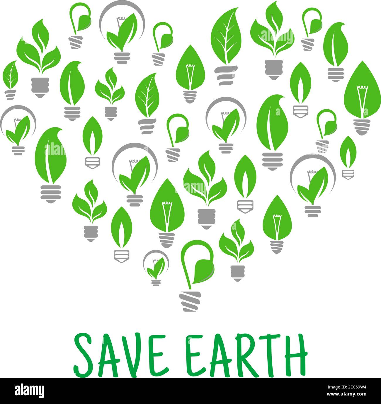 Save Earth poster. Energy saving green leaf and lamp bulb symbols ...