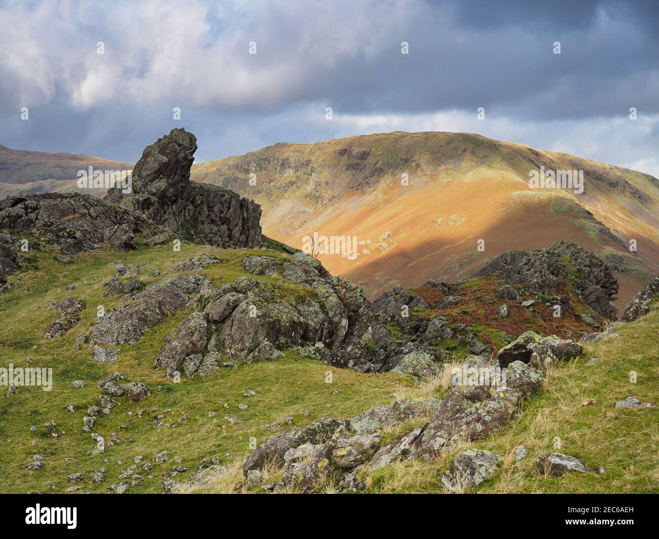 Rock formation 'The Howitzer' on Helm Crag overlooking Steel Crag, Lake ...