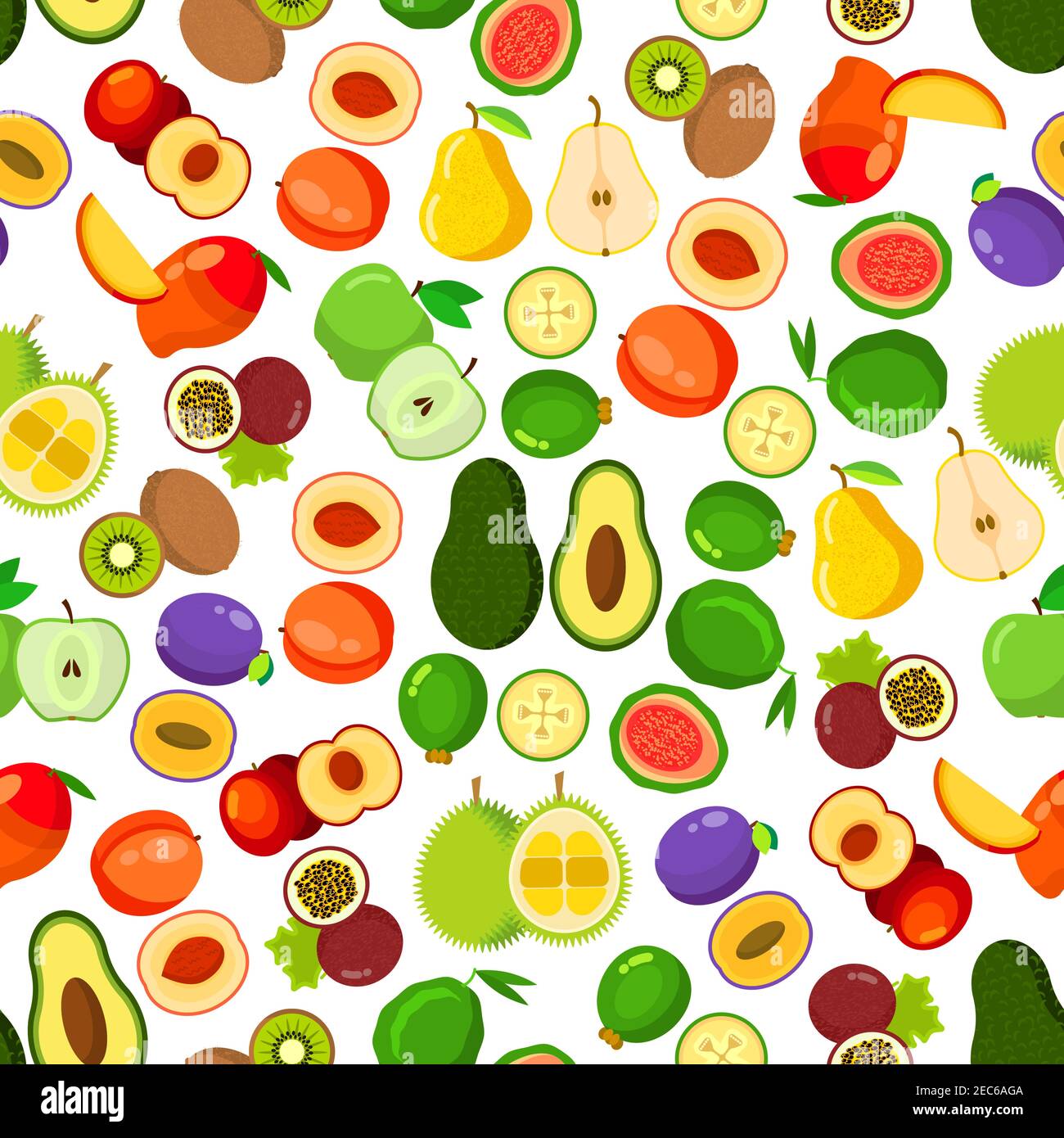 Fresh fruits seamless pattern with background of whole and halved ...
