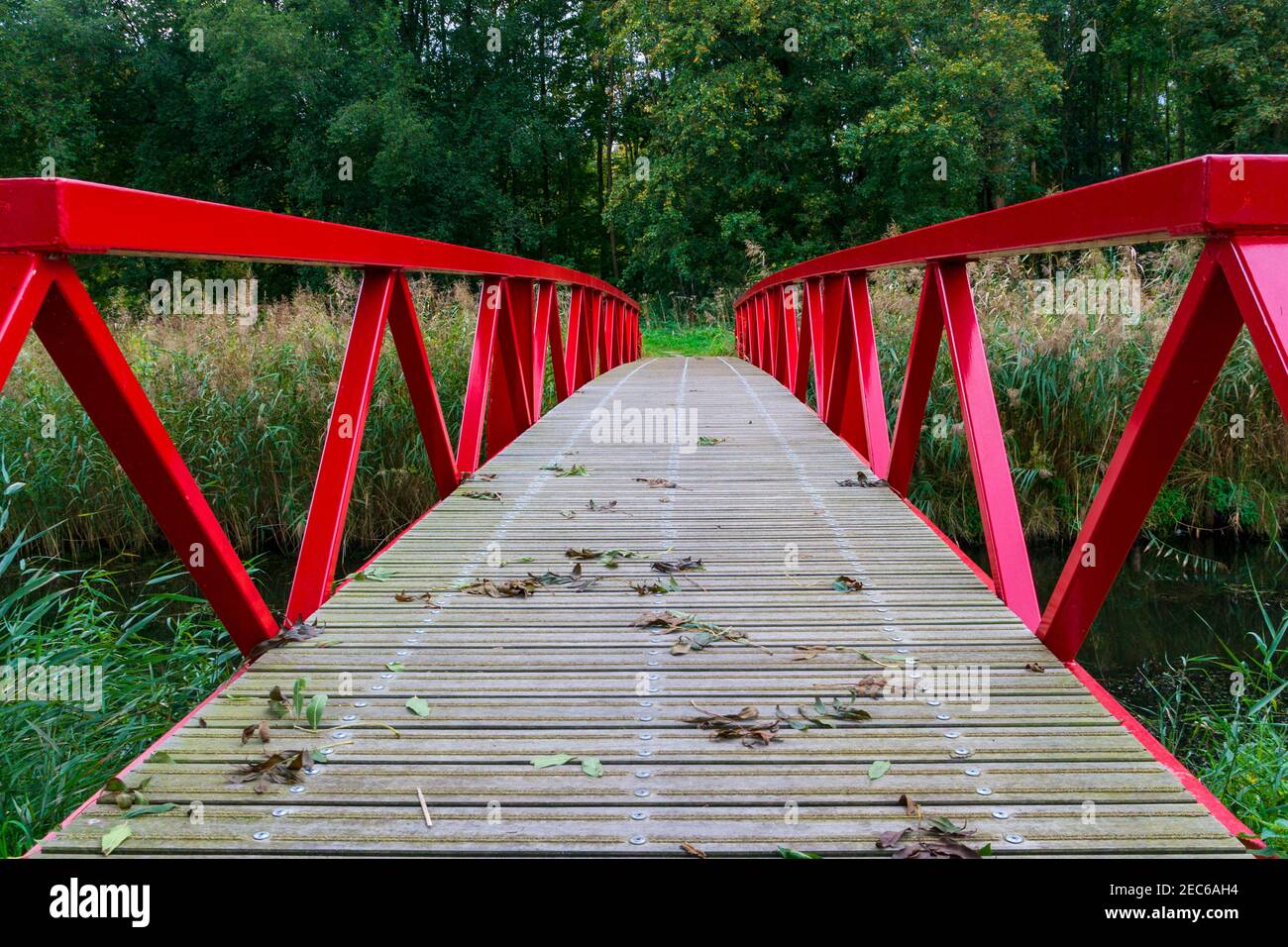 Small wooden footbridge with red handrails Stock Photo - Alamy