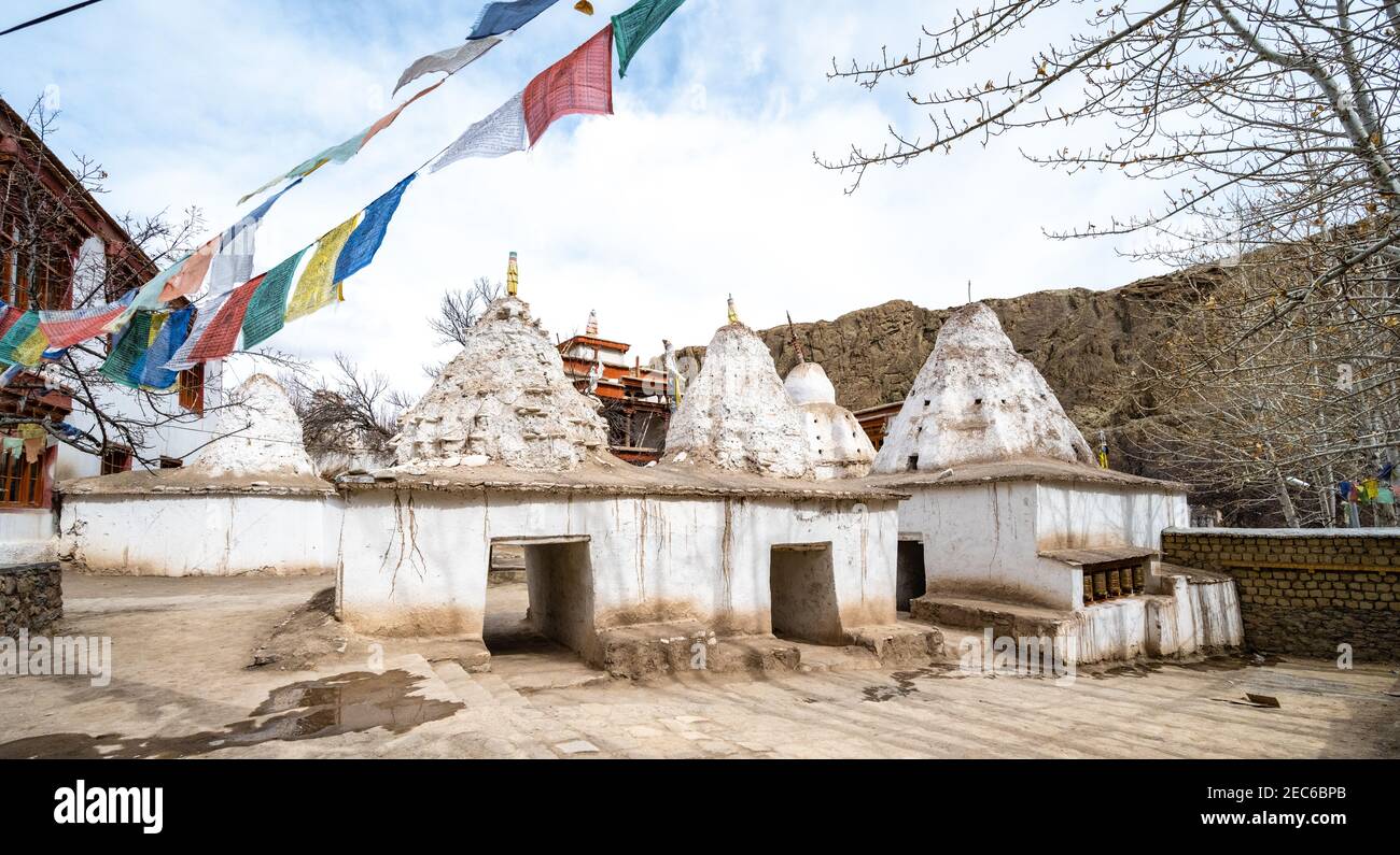 Stupas and prayer flags in the Alchi monastery, Ladakh Stock Photo - Alamy