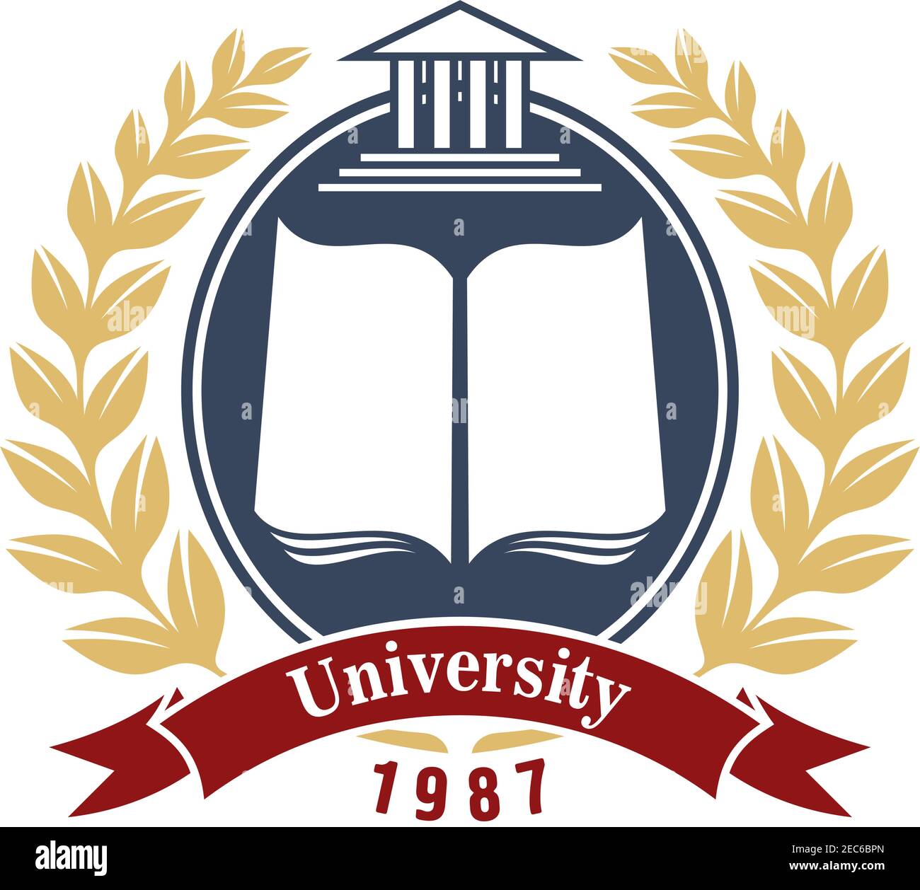 University insignia with open book in oval gray frame, decorated by ...