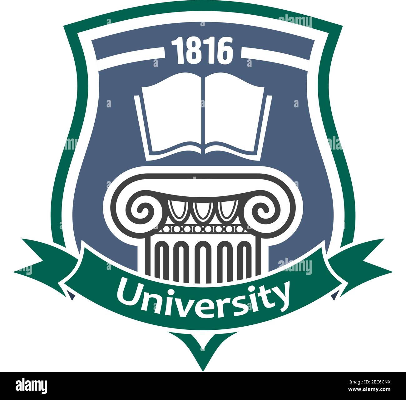 Educational institution vintage sign of medieval shield with open book ...