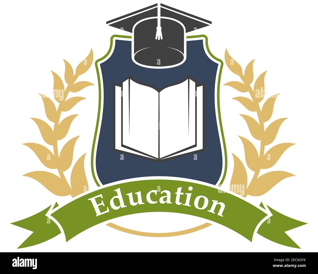 Education shield emblem with book, graduation cap, green ribbon and ...