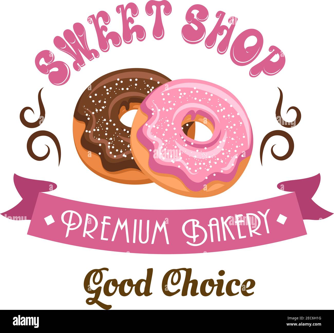 Donut shop retro cartoon badge with chocolate and pink frosted ...
