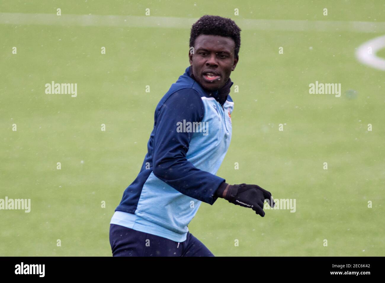 Ismail Yakubu of Penybont FC during a training session at Bryntirion ...