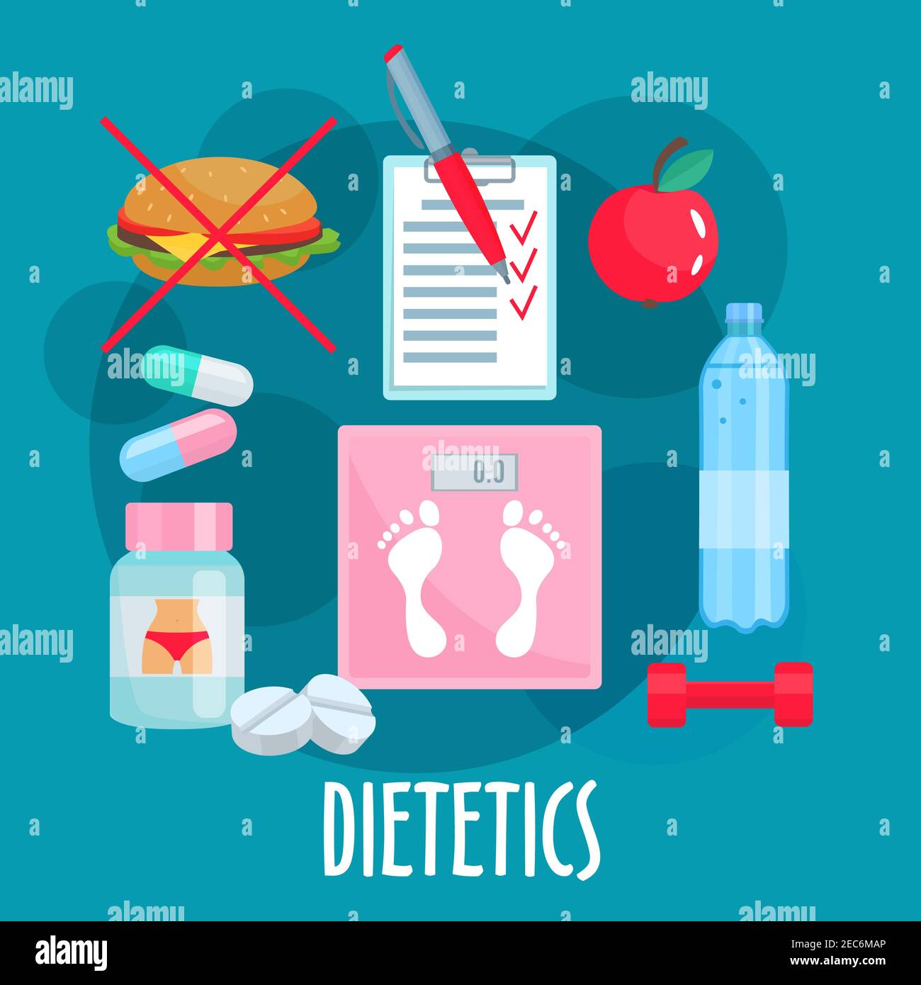 Dietetics, nutrition and healthy lifestyle symbol with weight loss tips ...