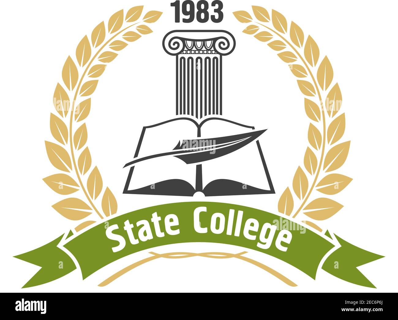 State college heraldic insignia with open book, feather pen and ionic ...
