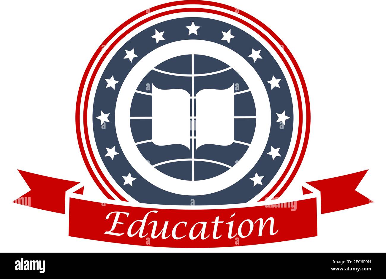 Education emblem design with book, globe, red ribbon and stars. Vector ...