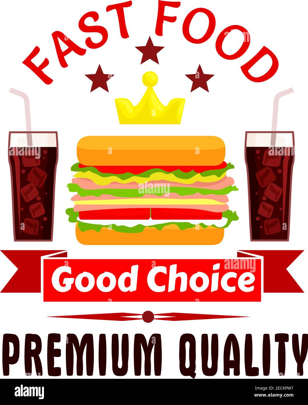 Fast food label icon. Cheeseburger, soda coke, golden crown, stars ...