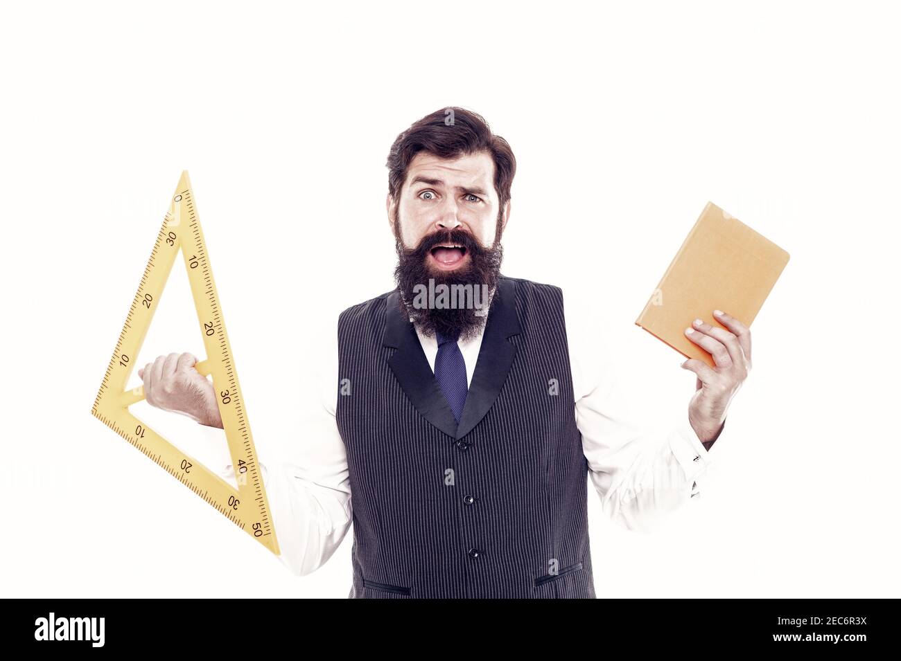 Be wise guy, give math try. Scared man back to school. Bearded man hold ...