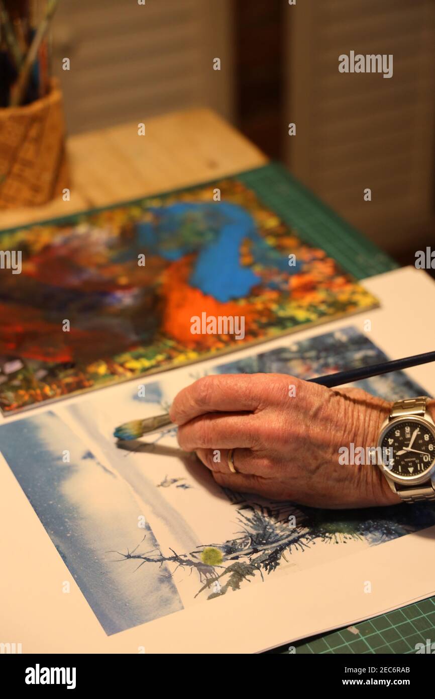 Artist working at home during Covid 19 virus lockdown.House bound ...