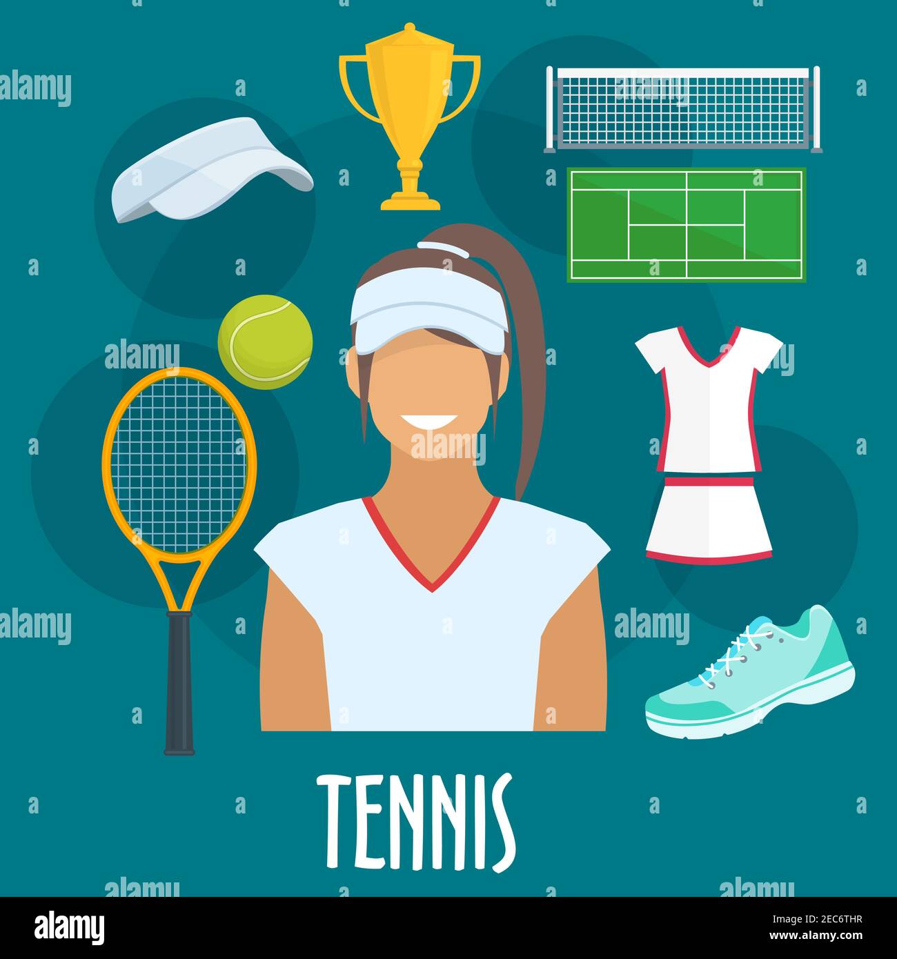 Tennis sport equipment and outfit icons. Tennis woman player with ...