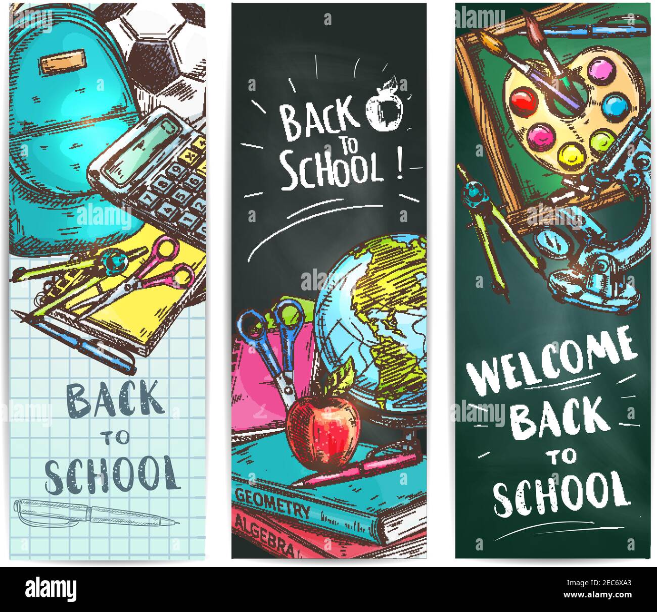 Back to School welcome banners. Backpack, rucksack, ball, pen ...