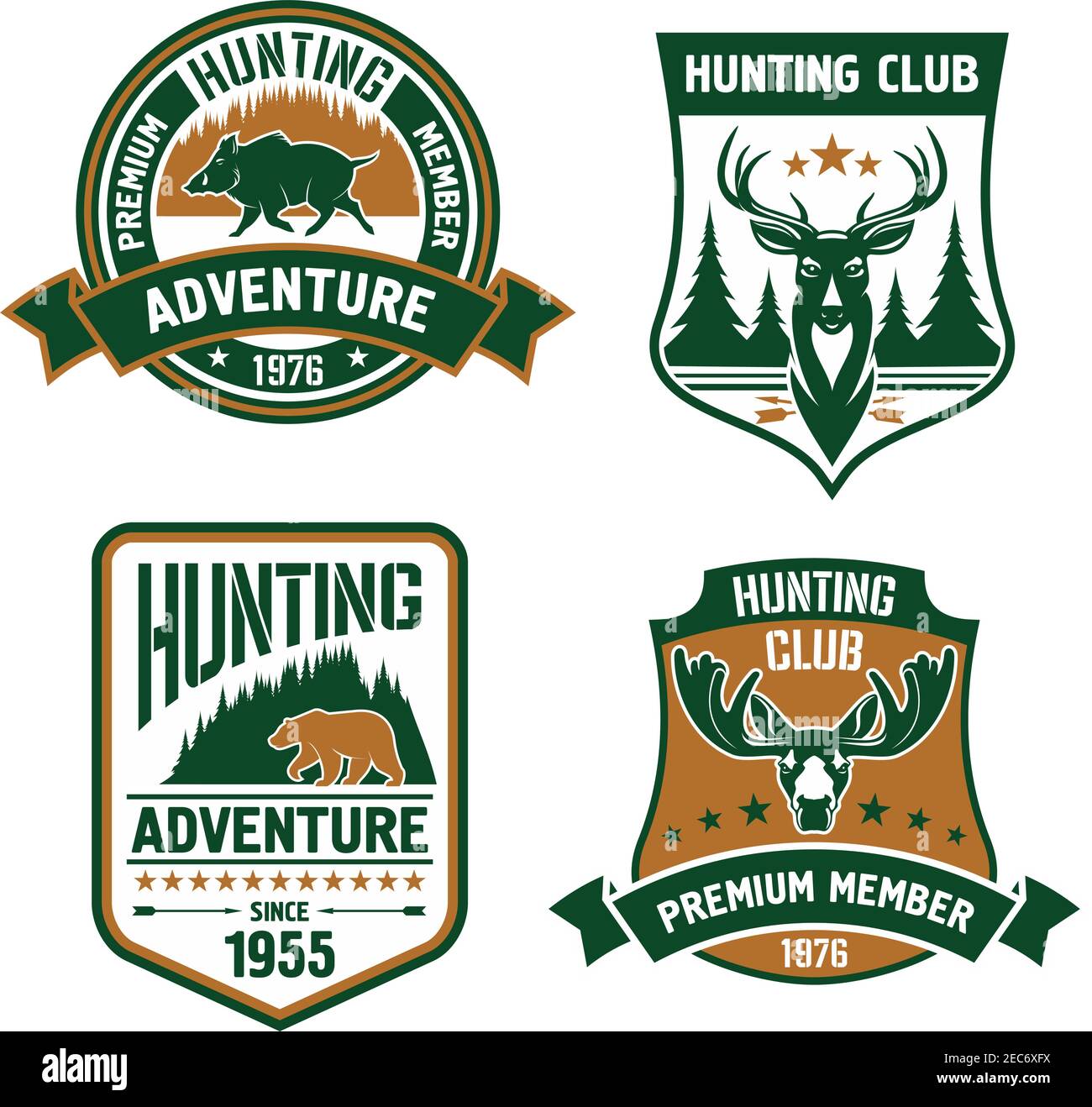 Hunting club shields set. Vector hunt sports emblems with animals, boar ...