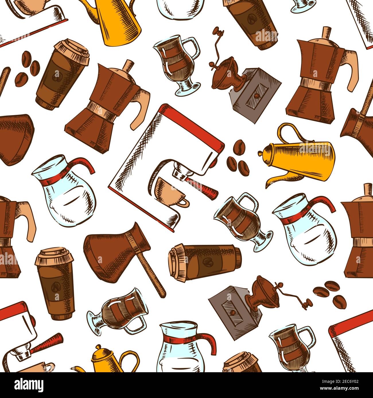 Coffee makers seamless pattern background. Vector sketch elements of retro coffee mill, turkish ...