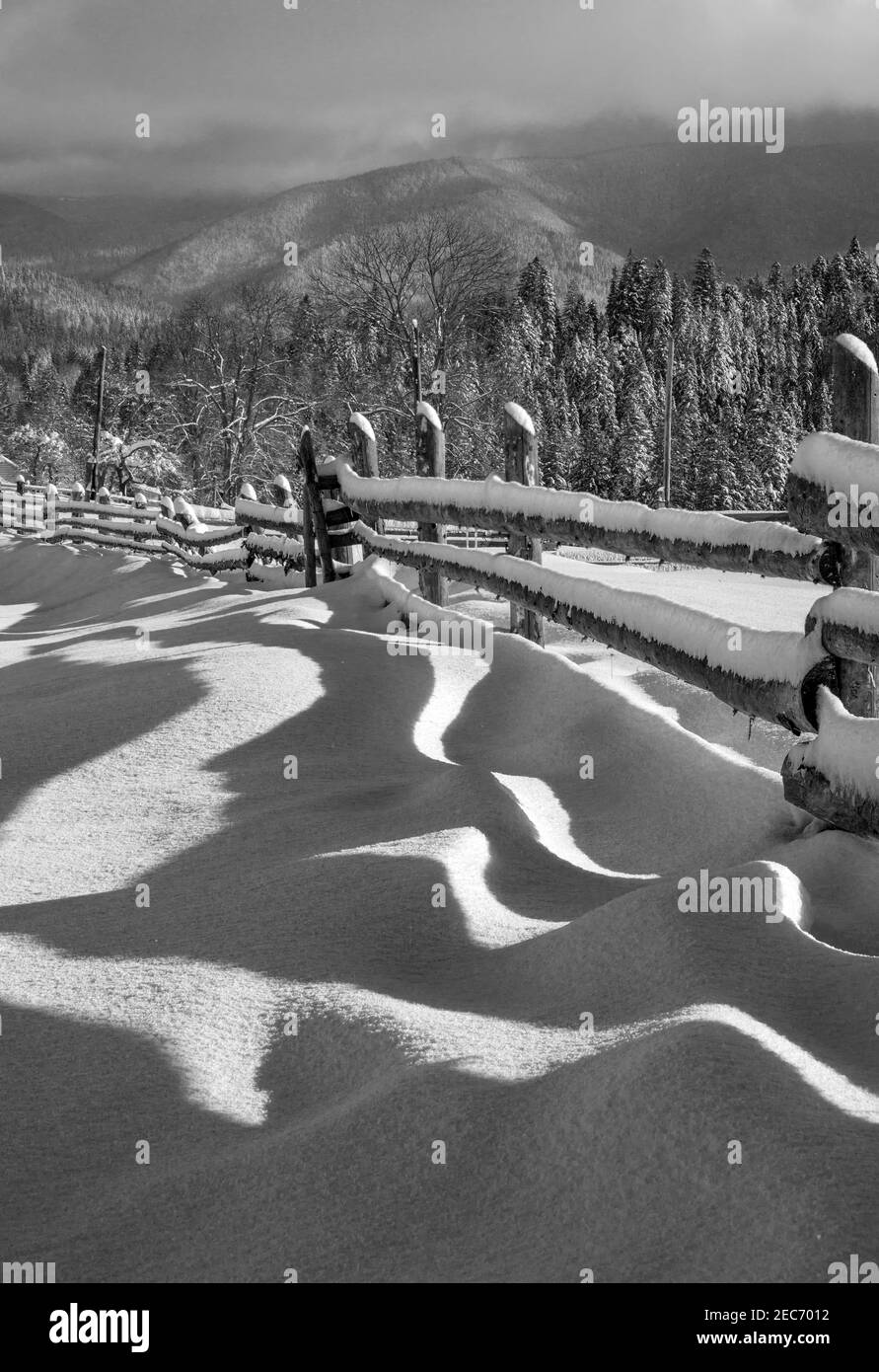 Grayscale. Picturesque waved shadows on snow from wood fence. Alpine ...