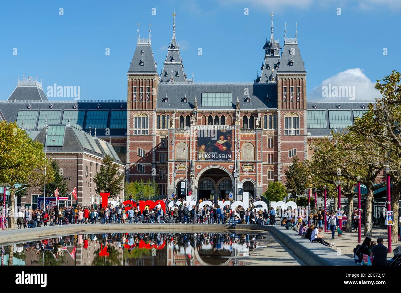 People in front of tne Rijksmuseum and I amsterdam sign. The ...