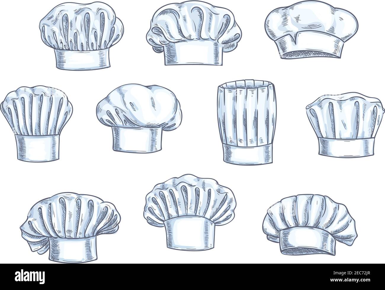 Chef toques, caps and hats. Different shapes and forms. Pencil sketch ...