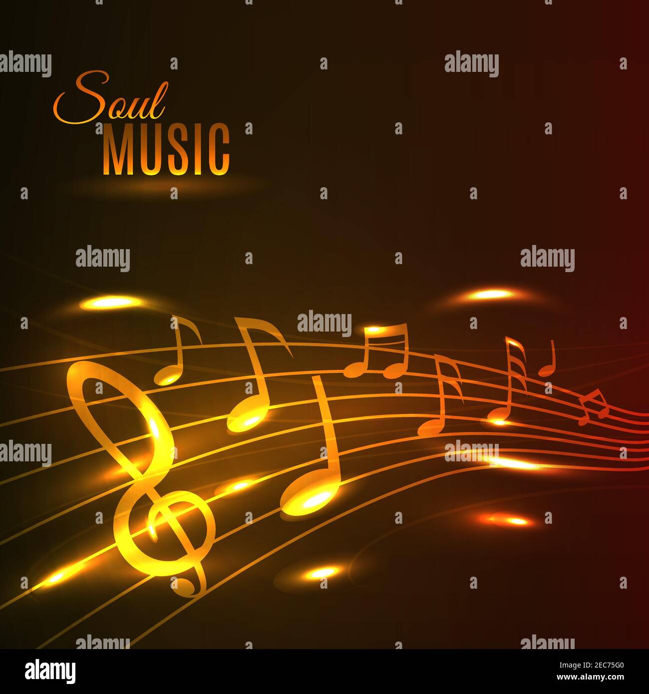 Soul Music poster. Shining golden music notes on stave. Background for ...