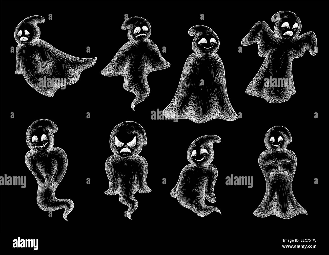 Halloween funny ghosts chalk icons. Cute cartoon spooks on blackboard ...