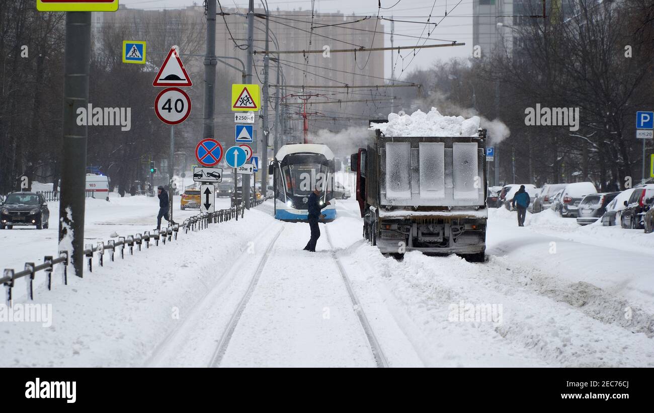 Moscow, Russia. 13th Feb, 2021. Transport collapse due to snow in ...