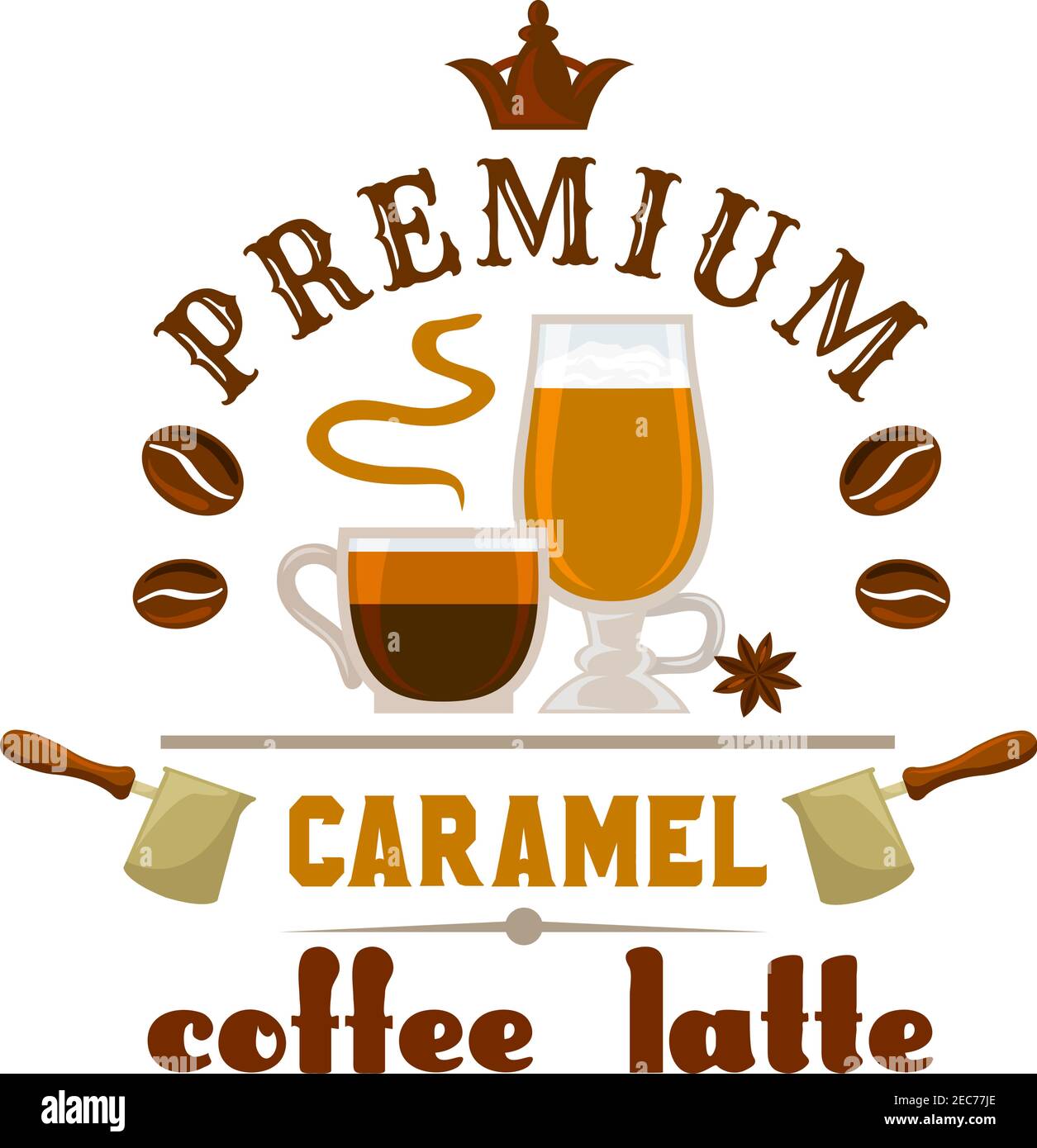 Coffee Latte Caramel cup. Vector emblem for cafe label, menu promo ...