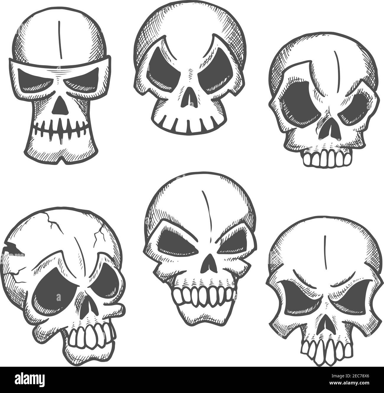 Artistic skeleton skulls sketches icons. Abstract cranium shapes with ...