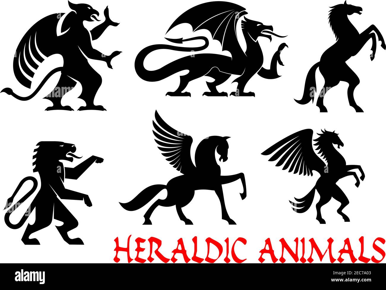 Heraldic animals icons. Griffin, Dragon, Lion, Pegasus, Horse outline ...