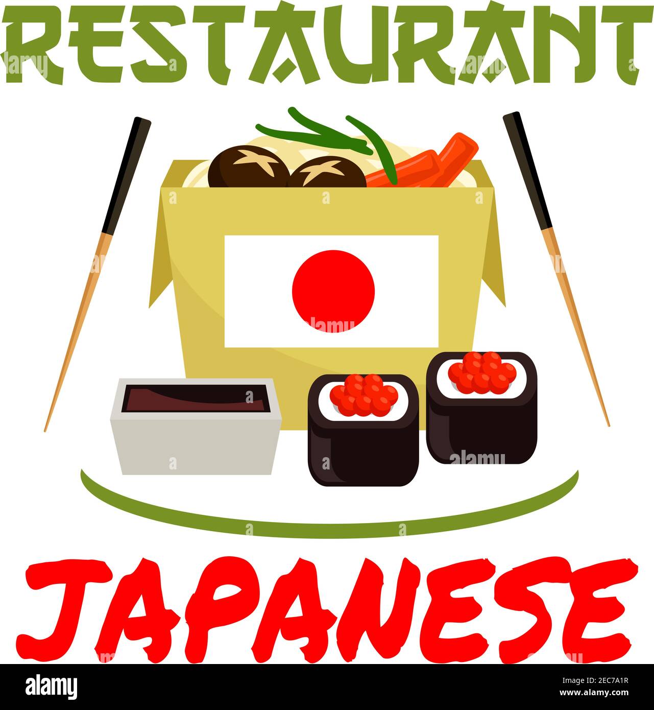 Japanese restaurant emblem. Sushi rolls, sauce, seafood, nori ...