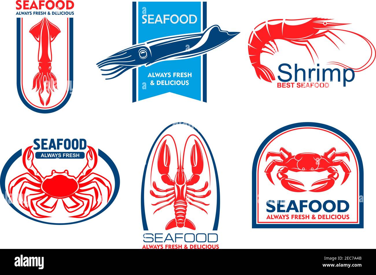 Seafood products emblems. Vector icons for product, company, restaurant ...