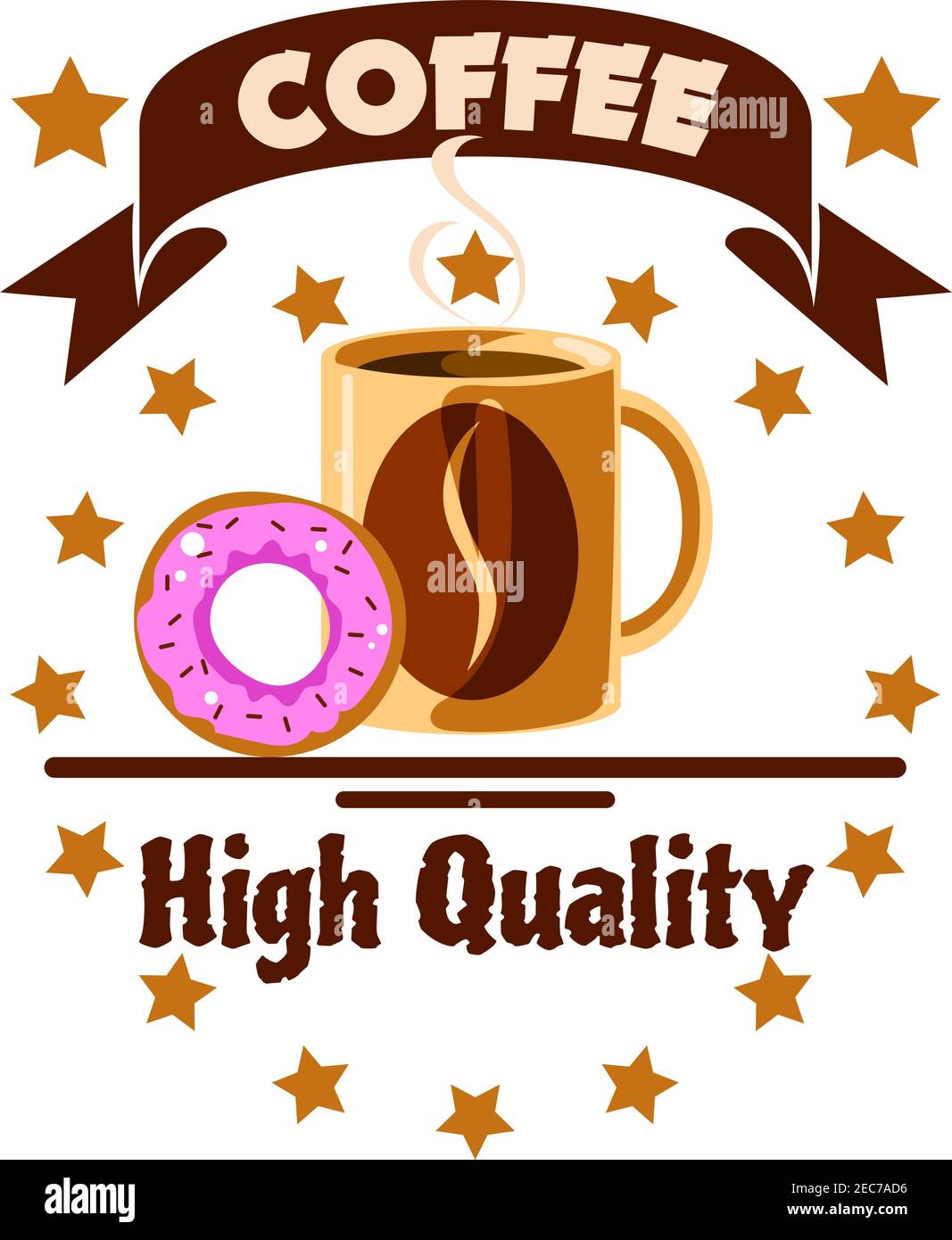 Cafe menu icon. Coffee cup and donut with golden stars, ribbon, coffee ...