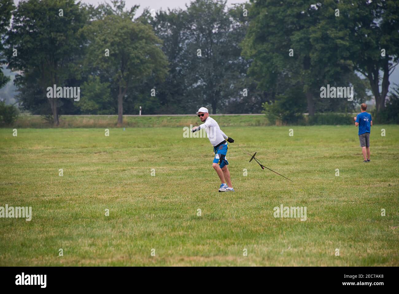 Lviv, Ukraine - July 23, 2017: Unknown aircraft modeler launches his ...