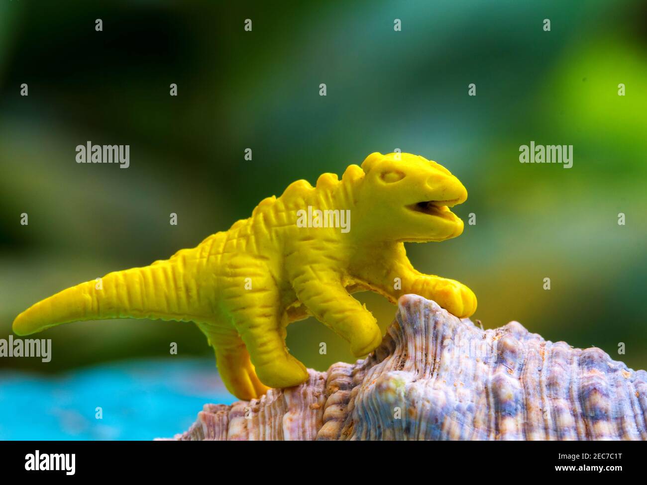 Yellow toy dinosaur on natural shell. Small puppet macro photo ...